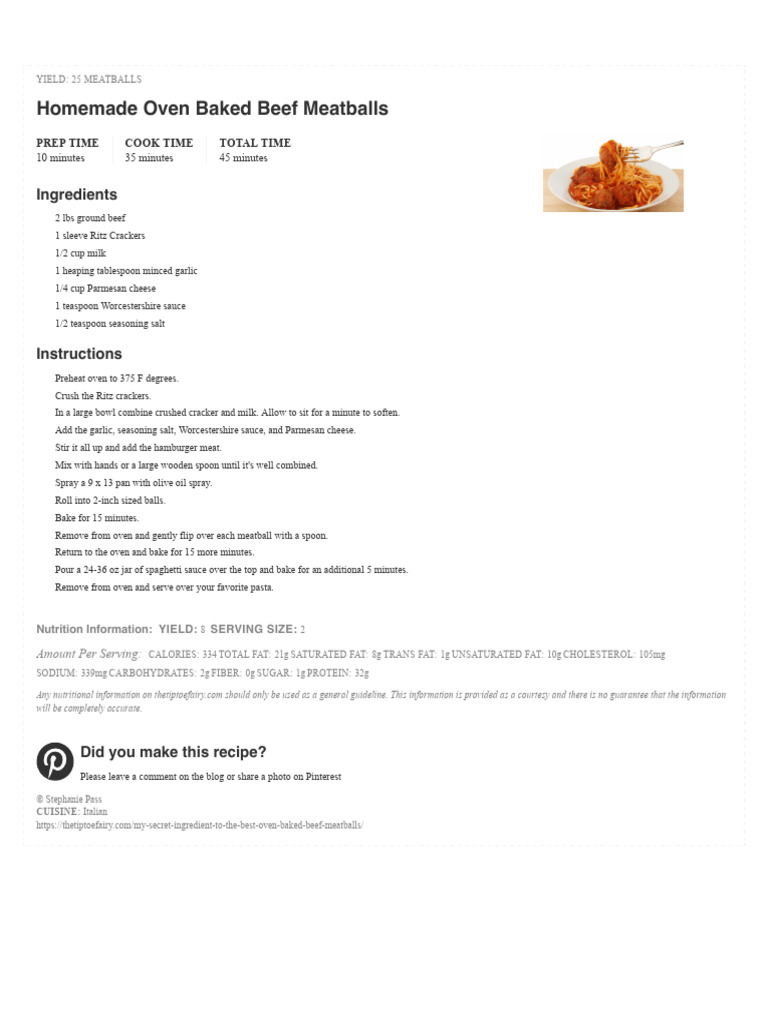 Oven Baked Beef Meatballs Recipe | PDF | Fat | Teaspoon