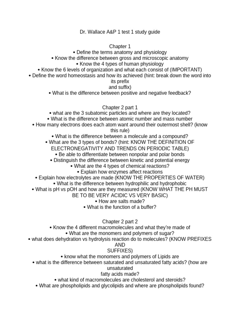 A&P Chapter 1-3 Test 1 Study Guide | PDF | Cell Membrane | Biotechnology