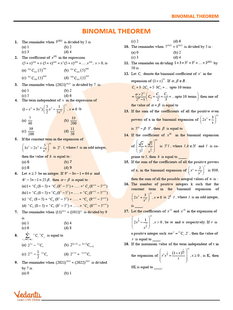Jee Main Binomial Theorem And Its Simple Applications Practice Paper With Solutions Download Pdf
