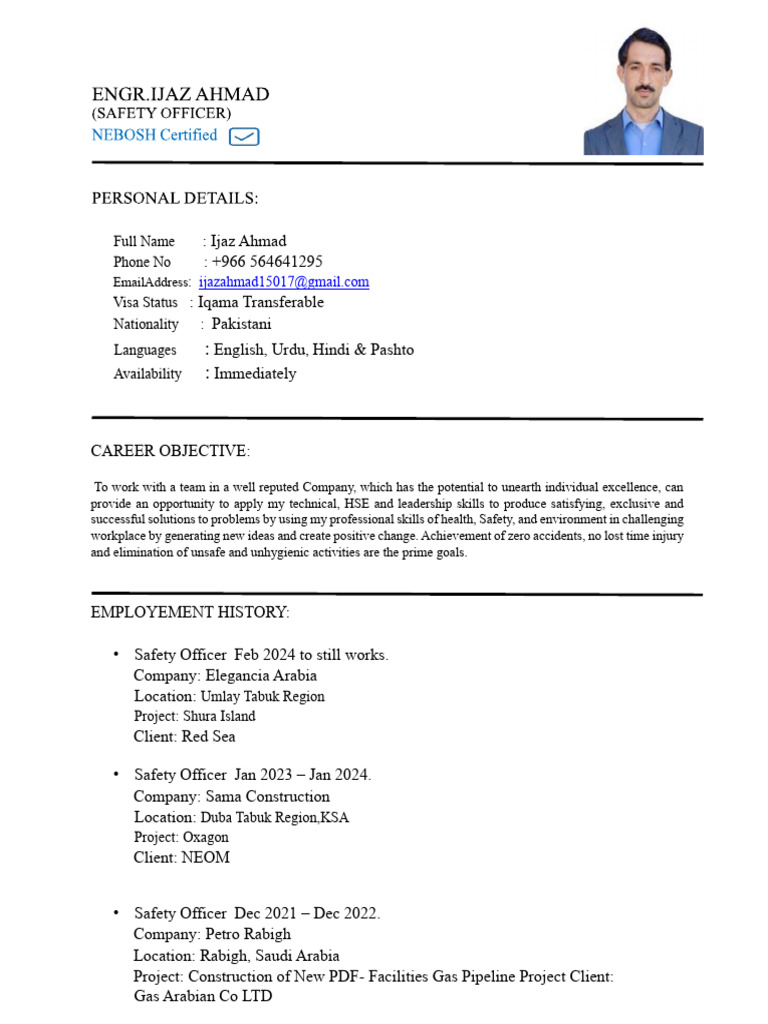 Ijaz Ahmad Safety Officer CV.6 | PDF | Safety