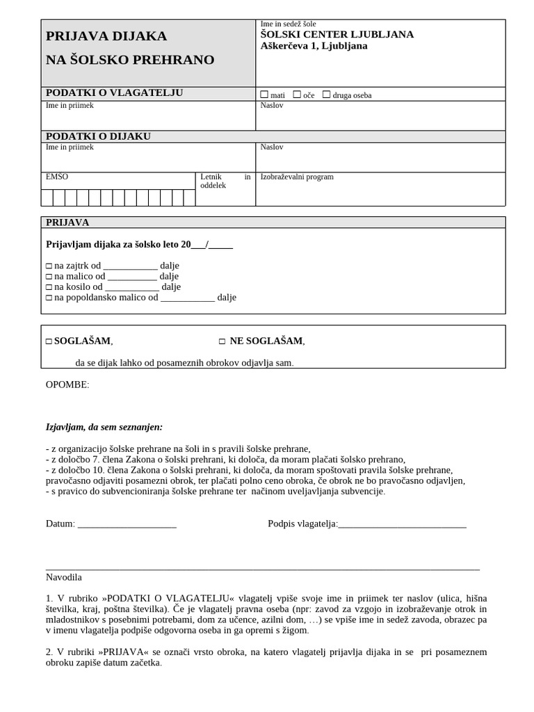 Prijava Na Prehrano 1. 2. 2013 | PDF