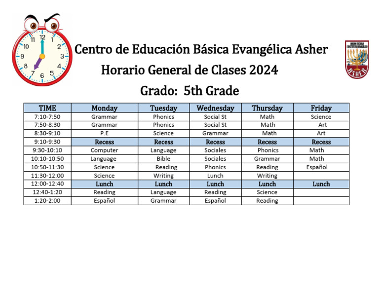 5th Grade Class Schedule 2024 | PDF