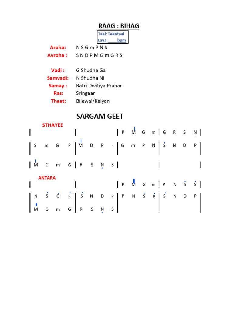 Raag Bihag - Sargam Geet Updated 1 | PDF