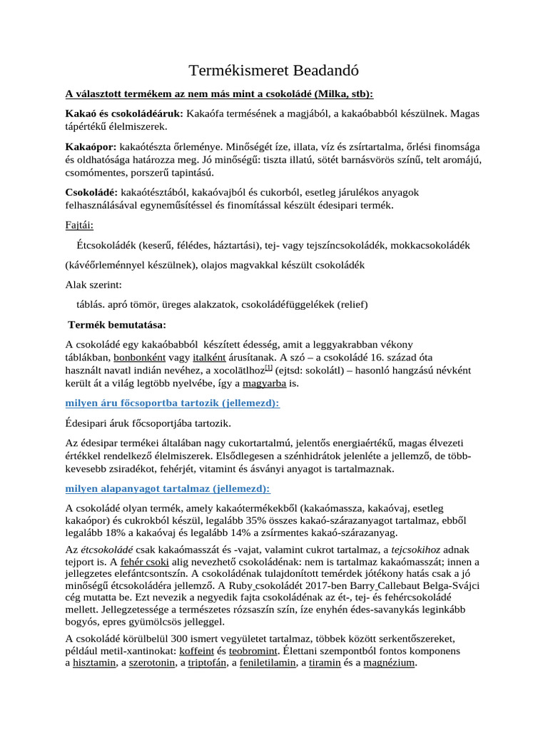 Termékismeret Beadandó | PDF