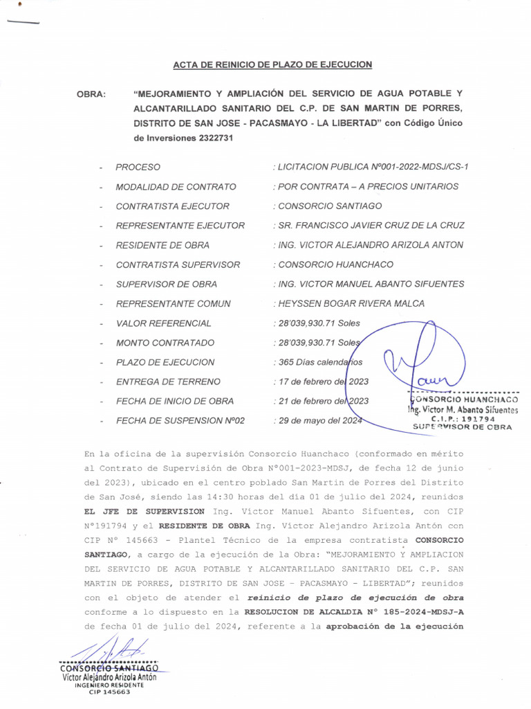 Acta de Reinicio de Plazo de Ejecucion | PDF