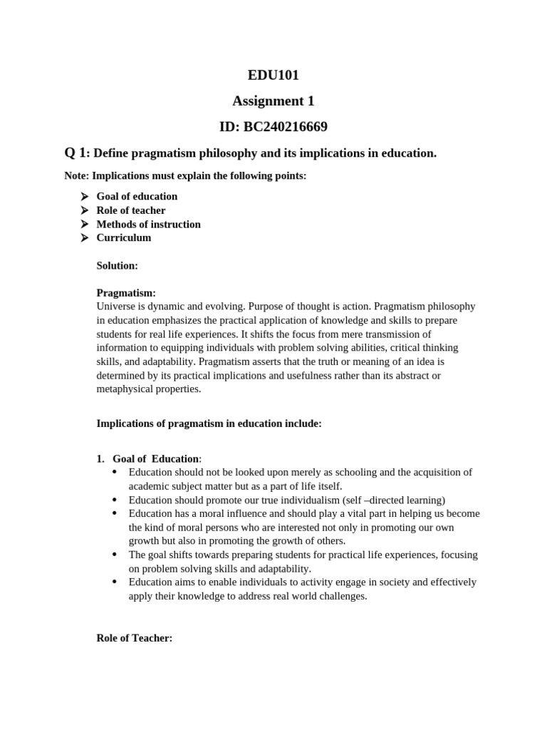 EDU101..Solution 1 | PDF | Pragmatism | Learning
