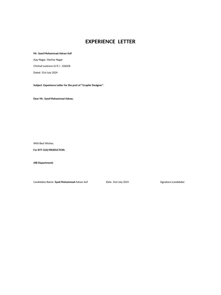 Experience Letter for Graphic Designer | PDF