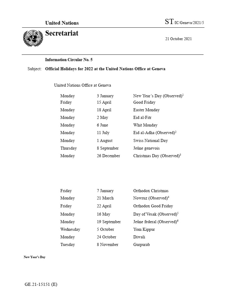 Official Holidays For 2022 at The United Nations Office at Geneva | PDF ...