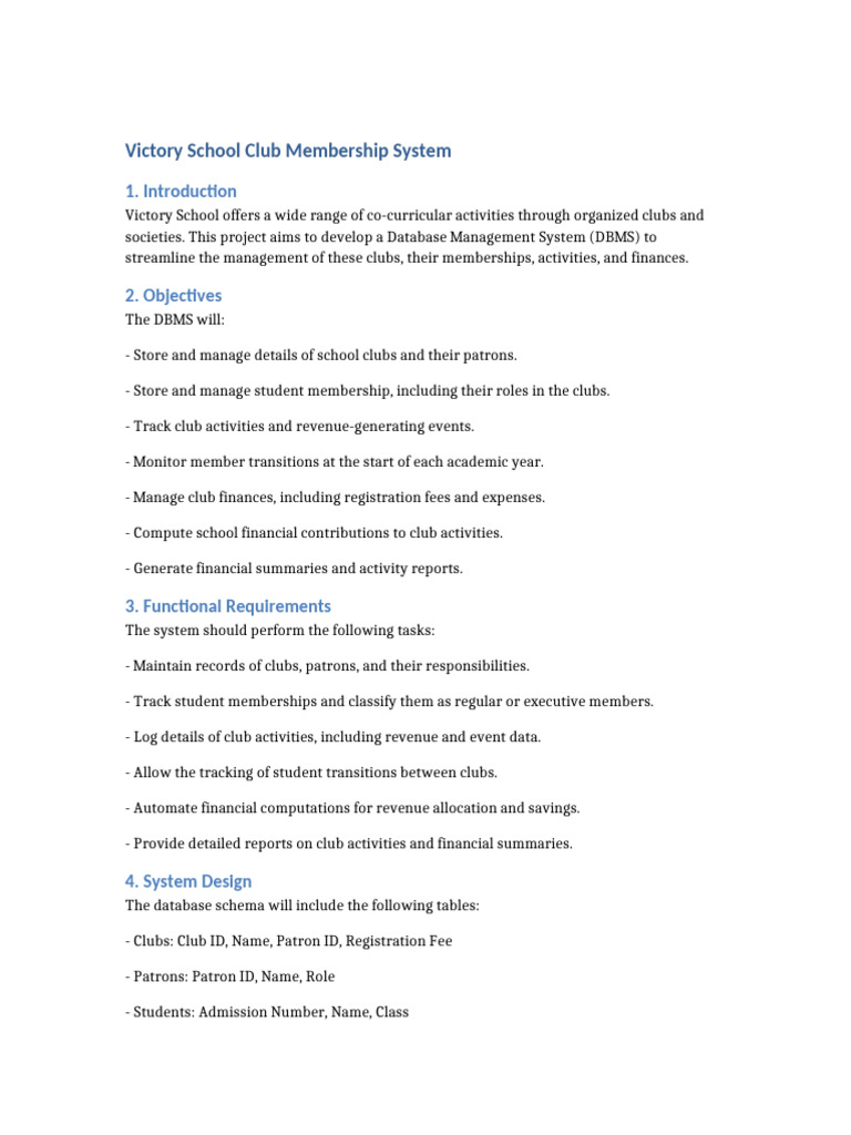 Victory School Club System Documentation | PDF
