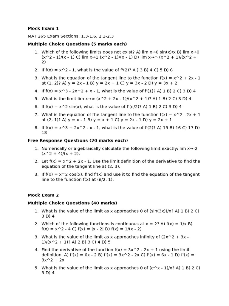 Mock Exam DOC 1 | PDF | Derivative | Asymptote