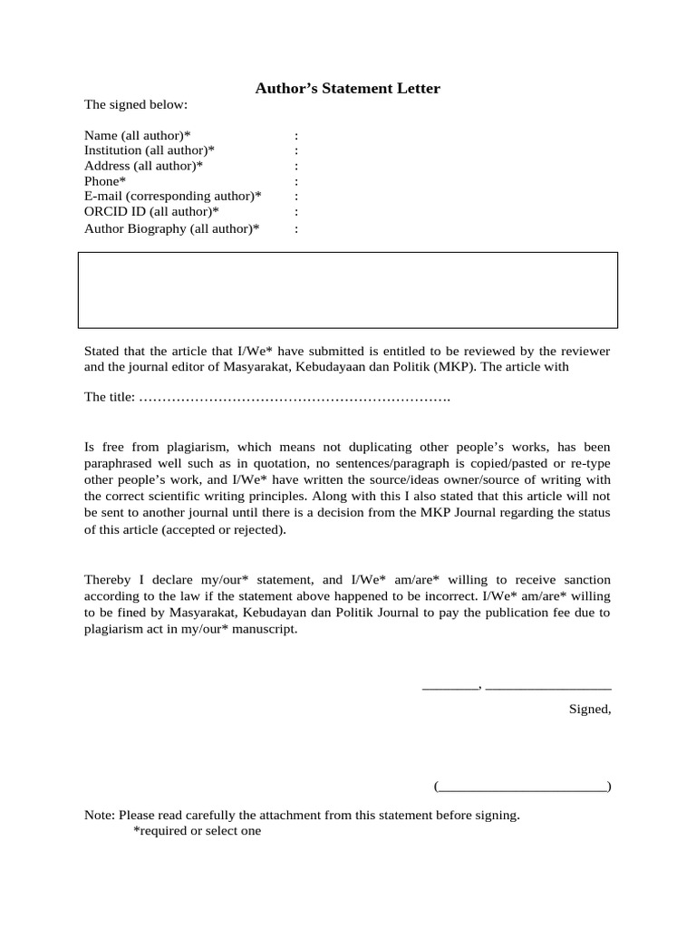 [MKP] Author's Statement Letter | PDF | Plagiarism