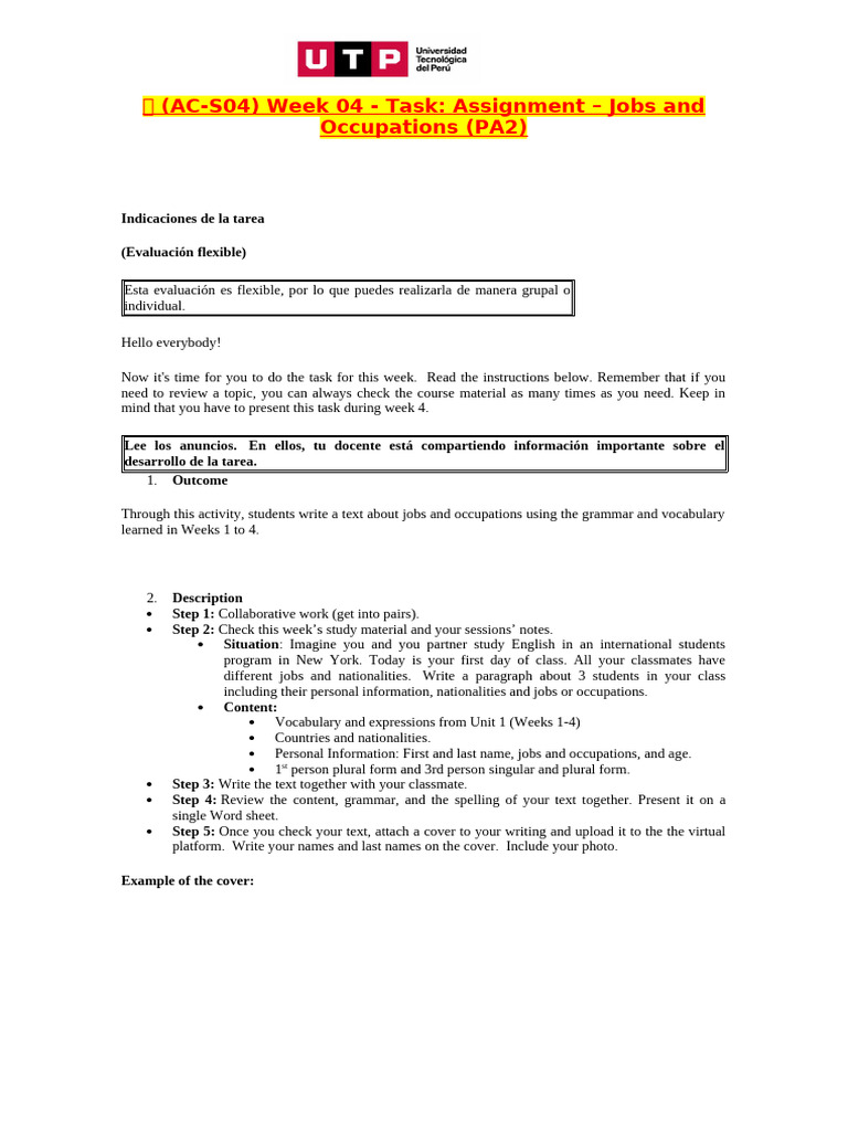 ? (AC-S04) Week 04 - Task Assignment - Jobs and Occupations (PA2) (Ingles 1) | PDF | Writing ...