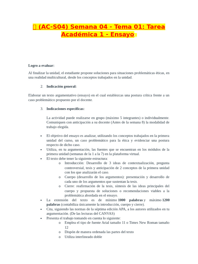 ? (AC-S04) Semana 04 - Tema 01 Tarea Académica 1 - Ensayo - NOTA 20 (TERMINADO) | PDF | Ensayos