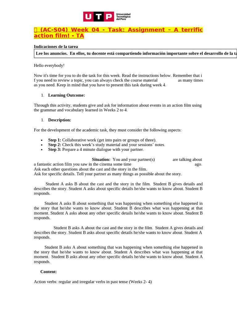 ? (AC-S04) Week 04 - Task Assignment - A Terrific Action Film! - TA | PDF | Grammatical Tense ...