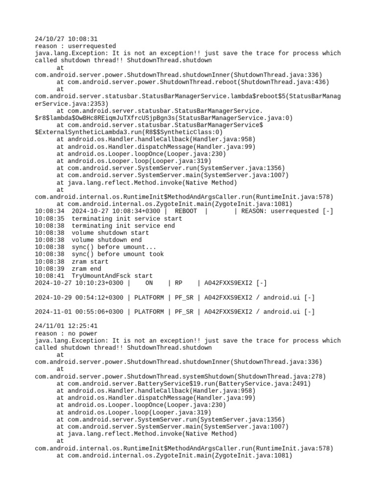 Android System Shutdown Logs | PDF | Java (Programming Language) | Computing Platforms