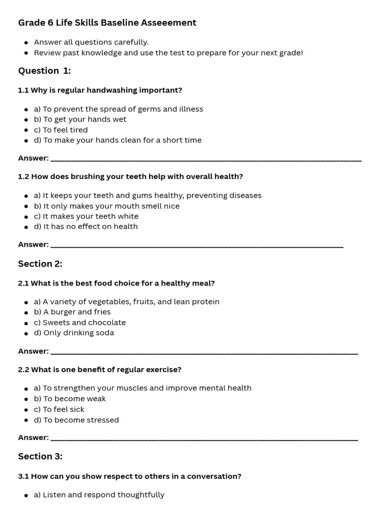 Grade 6 Life Skills Baseline | PDF