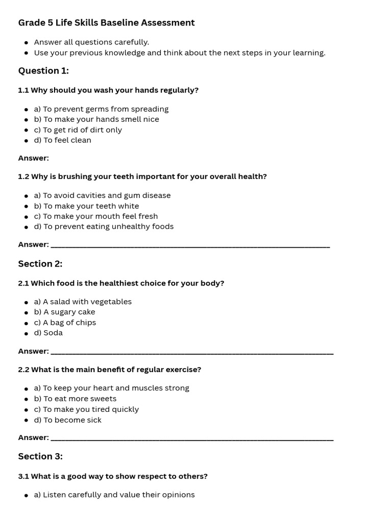Grade 5 Life Skills Baseline | PDF