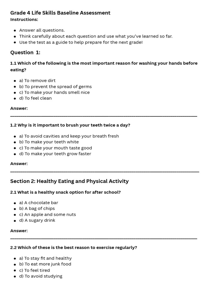 Grade 4 Life Skill Baseline | PDF