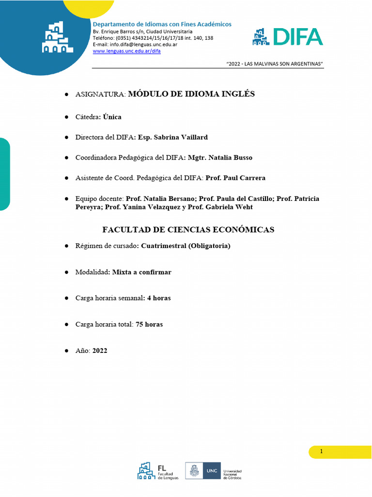 2022 - Programa DIFA Inglés Facultad de Ciencias Económicas 2022 | PDF | Verbo | Aprendizaje