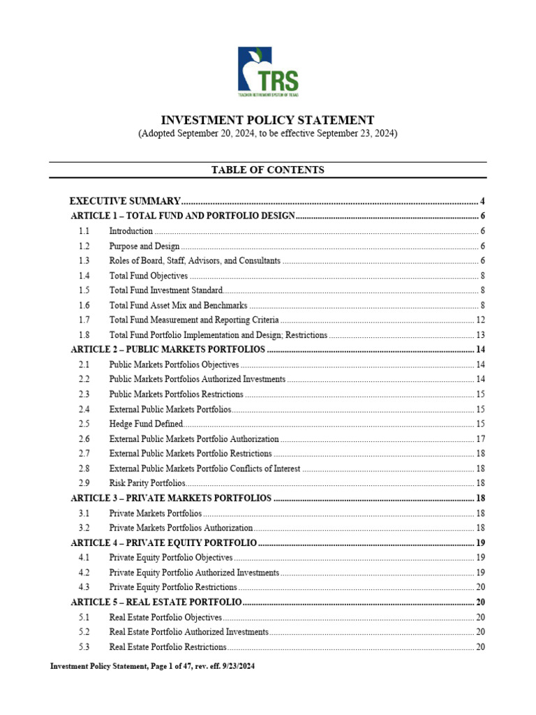 TRS Investment - Policy - Statement 20240920 | PDF | Leverage (Finance ...