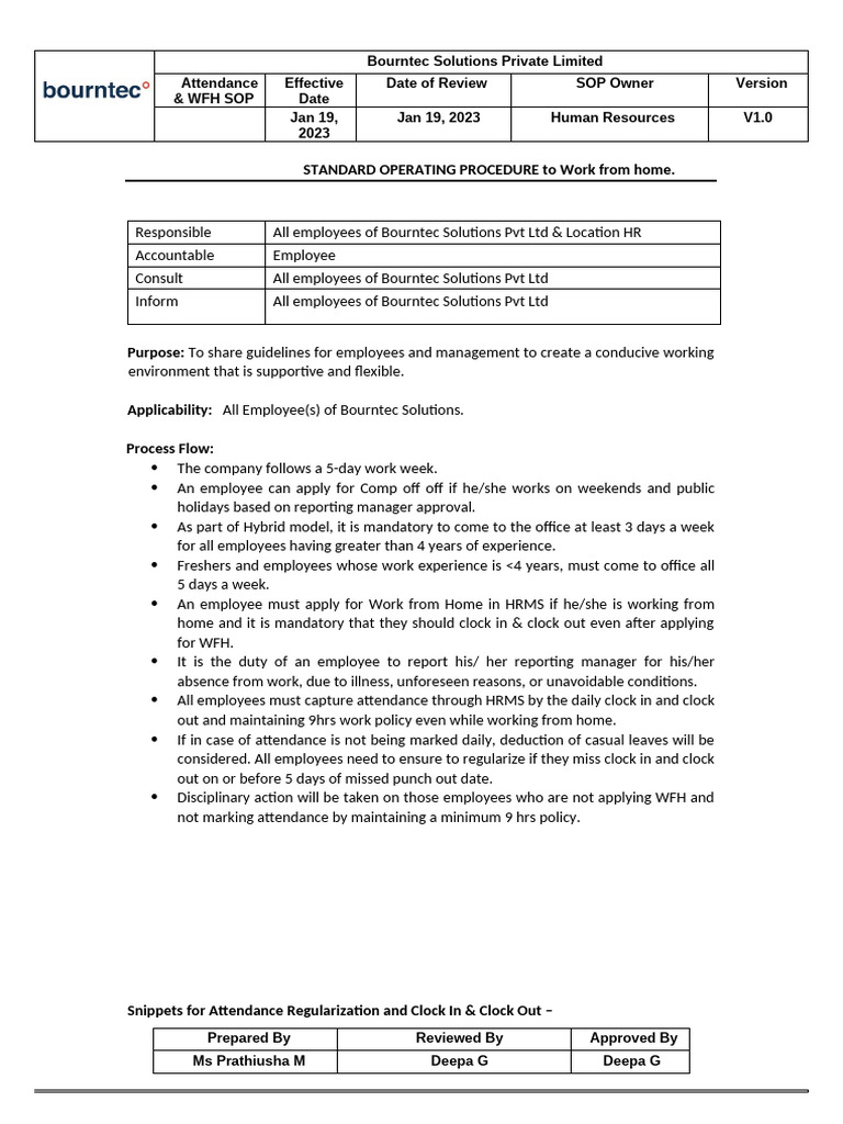 Bourntec WFH Attendance SOP Guide | PDF | Business Process | Industrial ...