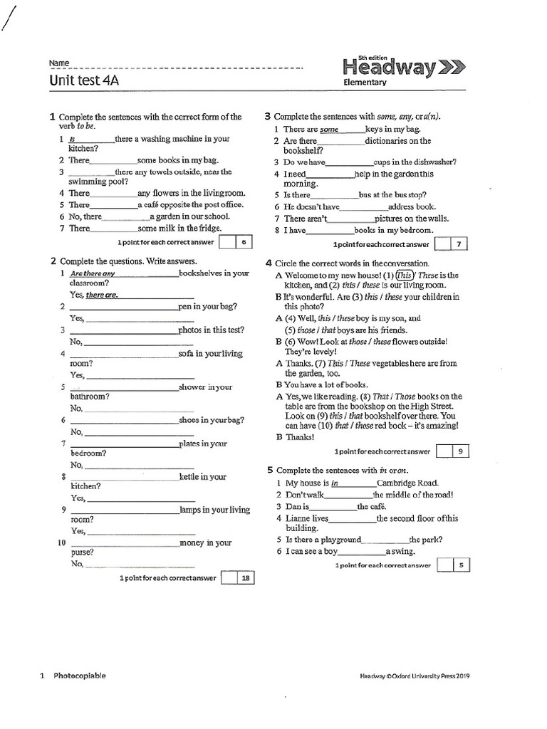 HW5e Elem Test Unit 4A With KEY | PDF