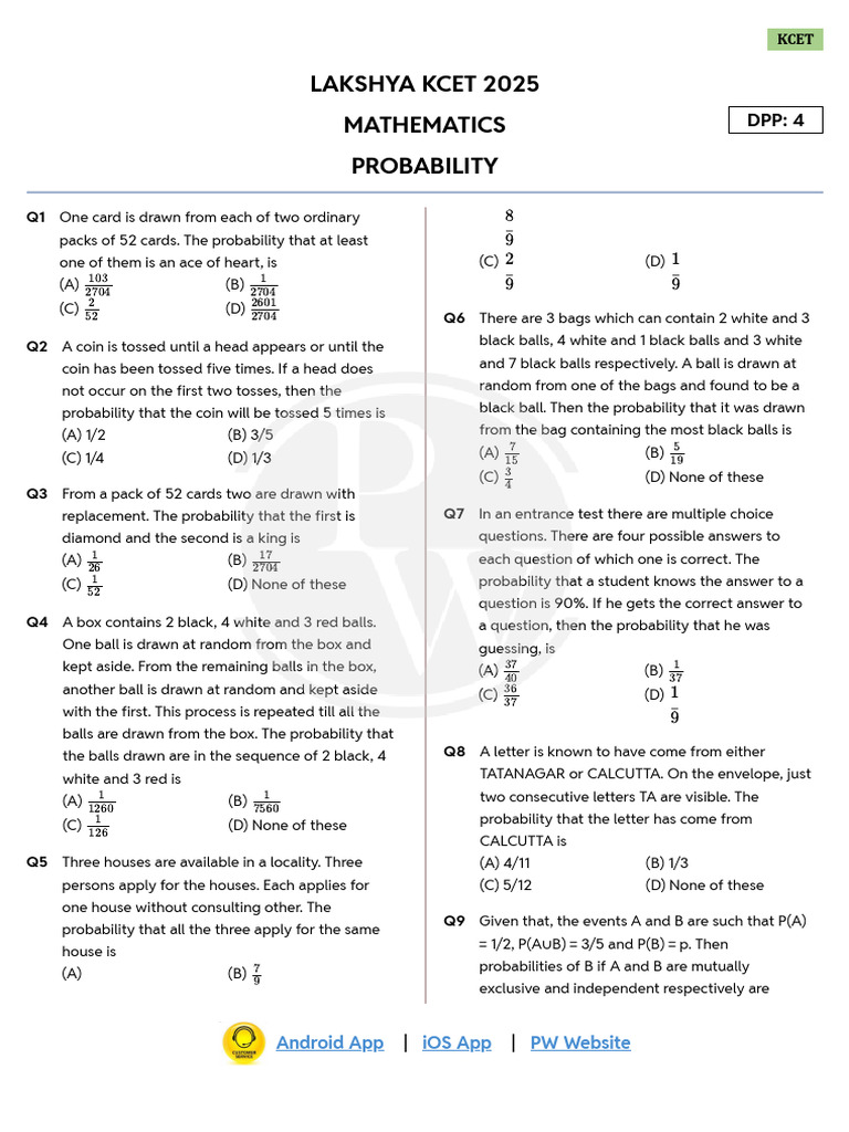 Probability - DPP 04 (Of Lec 06) | PDF | Probability Theory | Mathematics