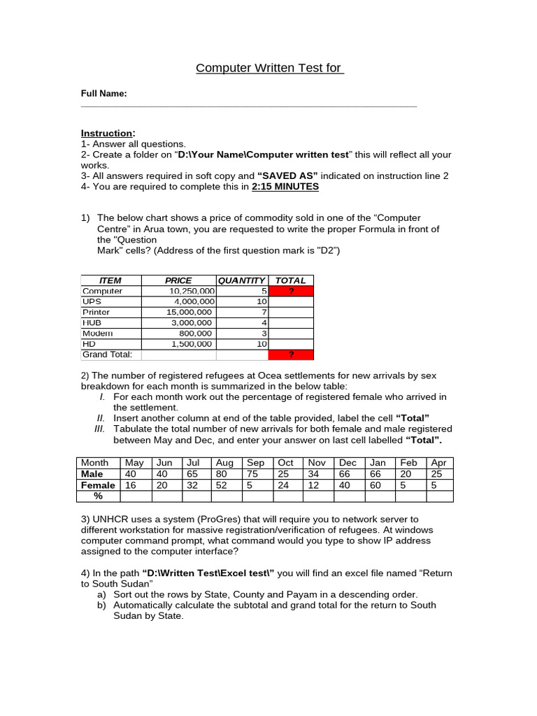 Computer Skills Test for Trainees | PDF | Microsoft Excel | Spreadsheet