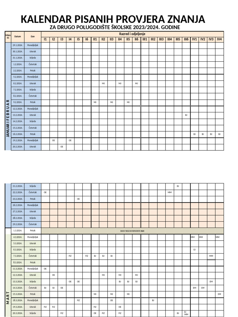 Kalendar Pisanih Provjera Znanja II Polugodiste 2023 2024 | PDF