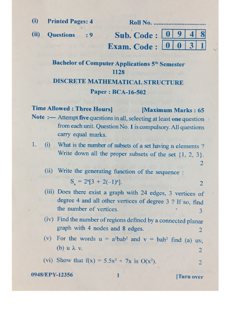 BCA 5th Sem Discrete Mathematical Structure BCA-16-502 Dec 2018 | PDF