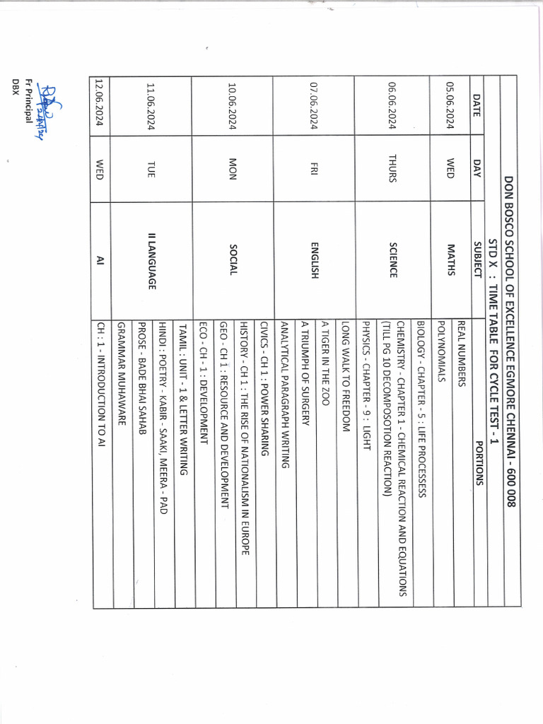 STD X Cycle Test Timetable | PDF