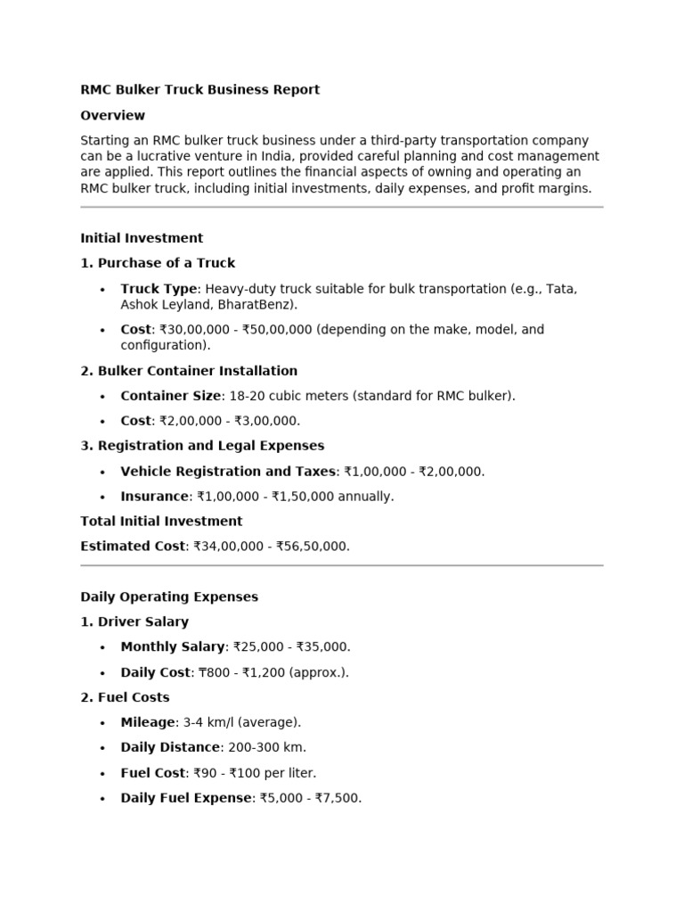 RMC Bulker Truck Business Report | PDF | Truck | Fuel Economy In Automobiles