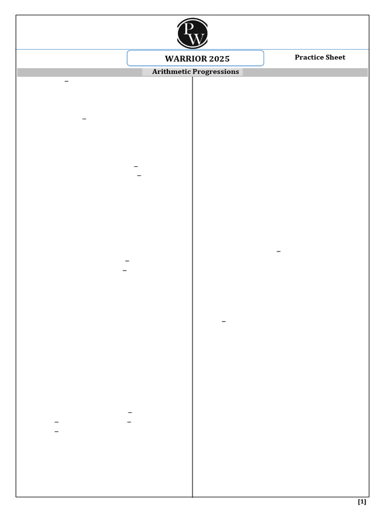 Arithmetic Progressions - Practice Sheet - Warrior 2025 | PDF | Mathematics