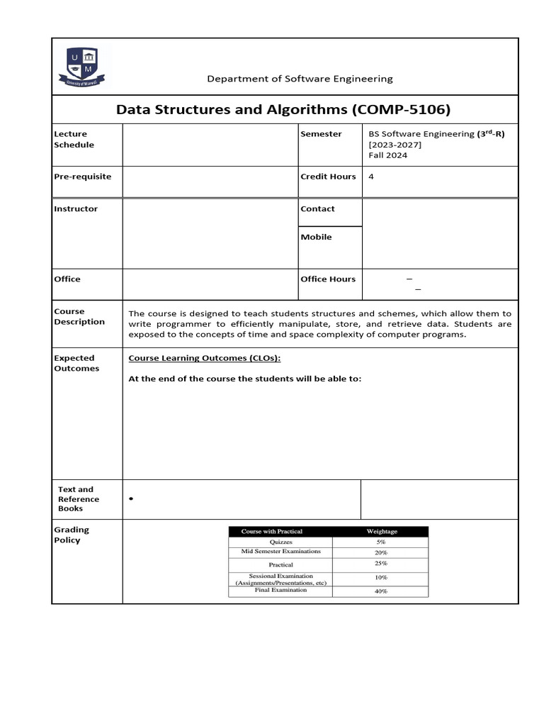 Data Structures and Algorithms (Faisal Rehman) Course Break Up - BS SE ...