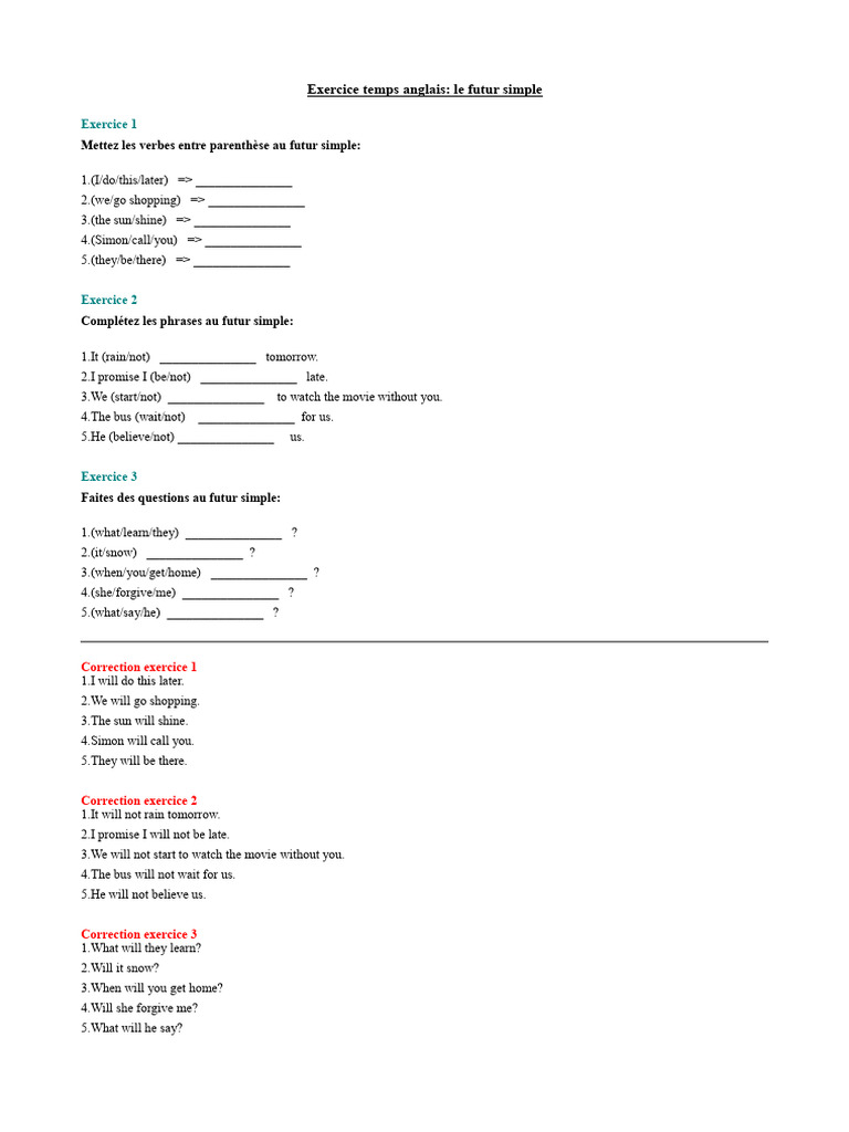 Exercices sur le futur simple anglais | PDF
