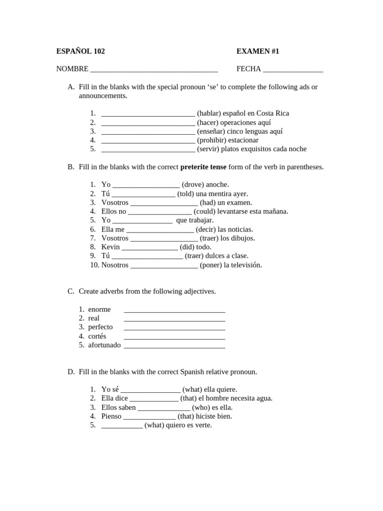 Examen de Español 102: Pronombres y Verbos | PDF
