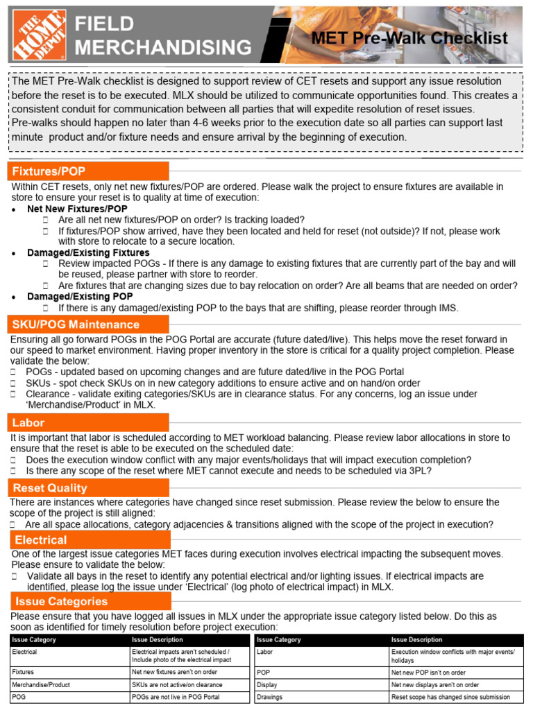 MET Pre-Walk Checklist_Field Merchandising CET Projects 2 | PDF