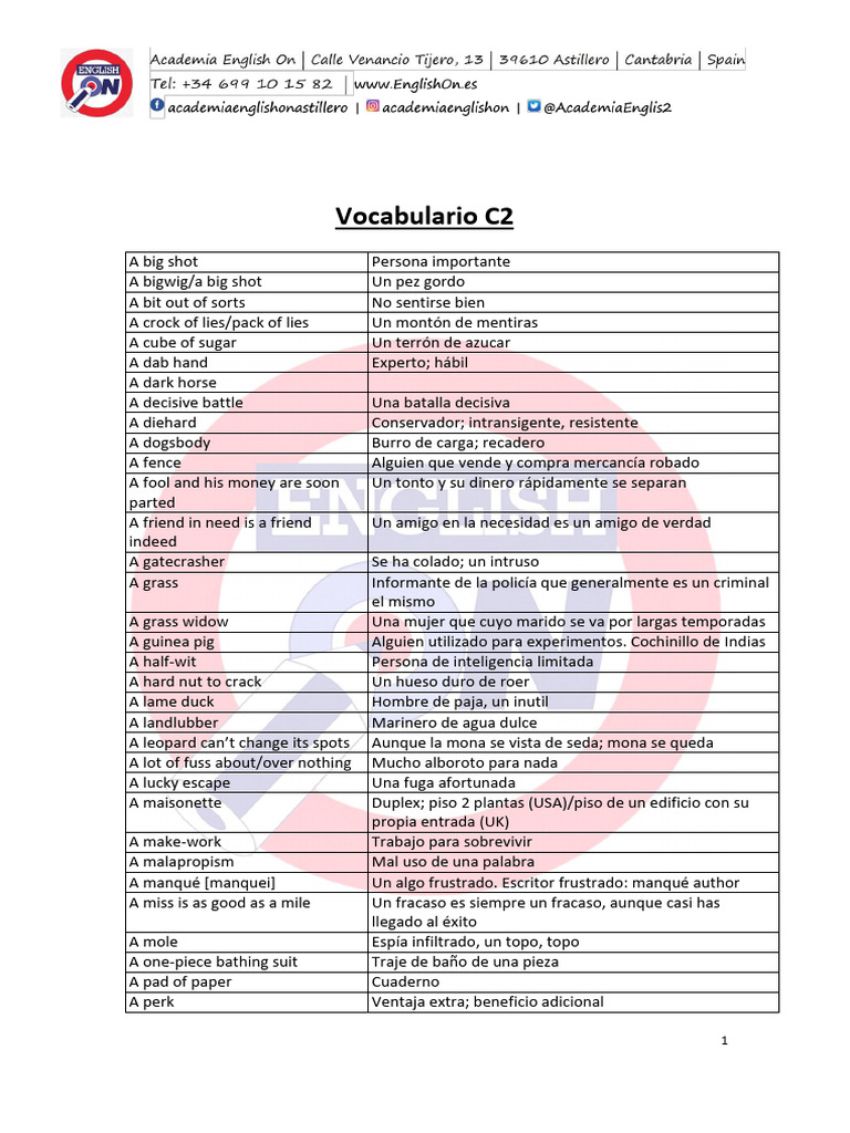 Vocabulario C2 en inglés y español | PDF