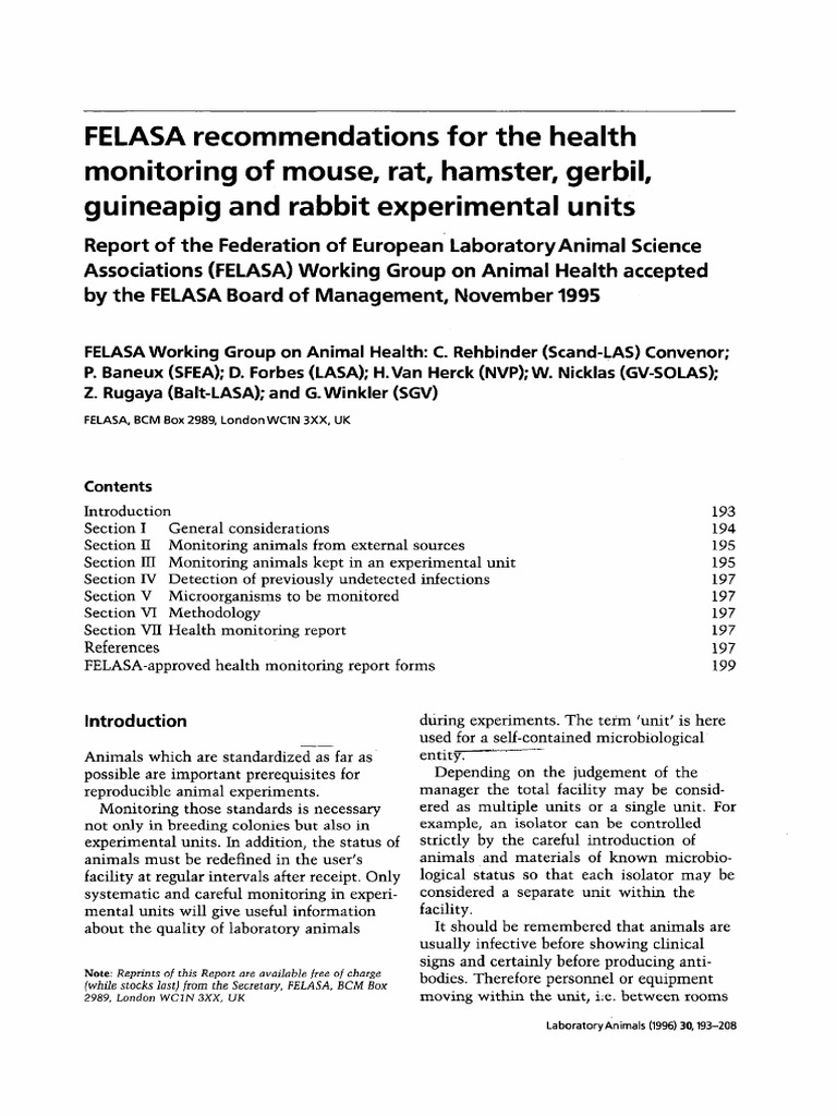 FELASA recommendations | PDF | Infection | Experiment
