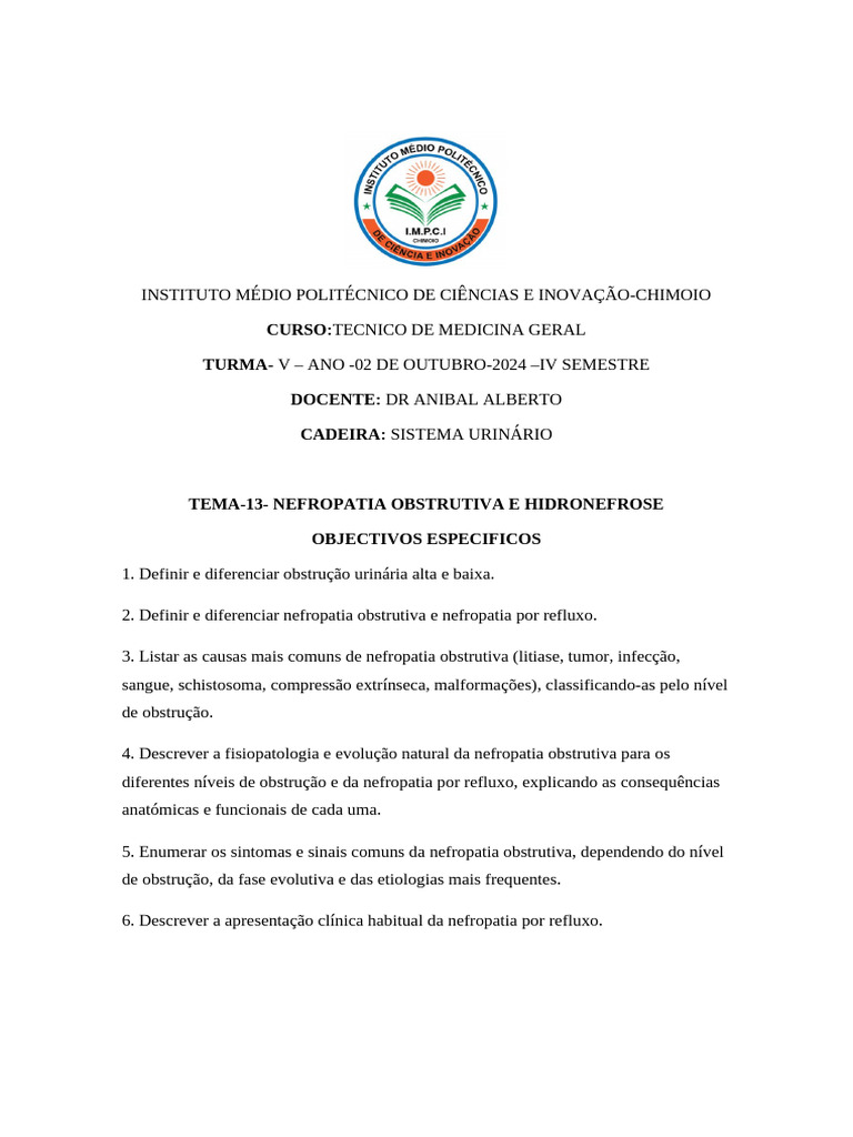 s.urinario Tema 15 Nefropatia Obstrutiva | PDF | Micção | Próstata
