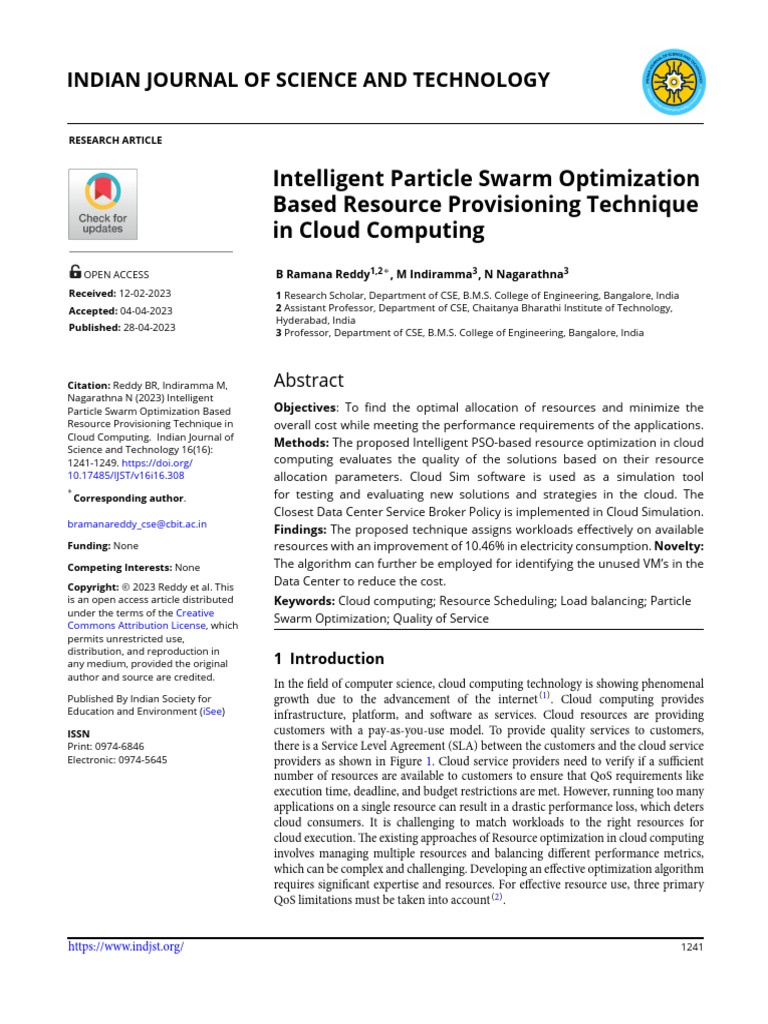 Intelligent Particle Swarm Optimization Based Resource Provisioning Technique In Cloud Computing