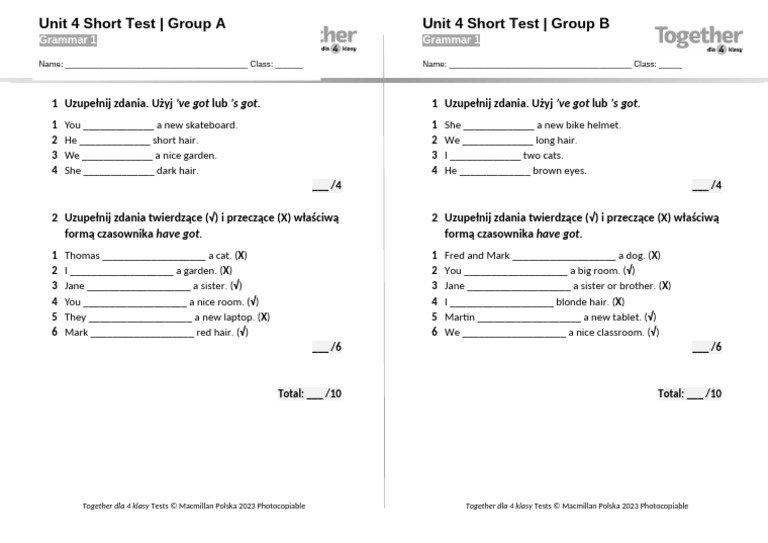 Together kl4 U4 Short Test Grammar 1 AB | PDF
