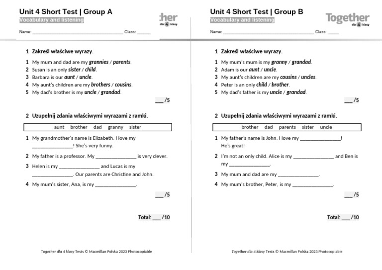 Unit 4 Vocabulary Test for Kids | PDF | Family | Living Arrangements