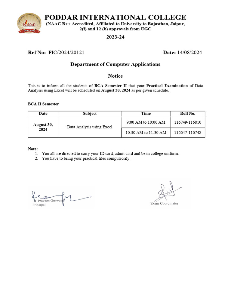 Data Analysis Practical notice BCA Sem II | PDF