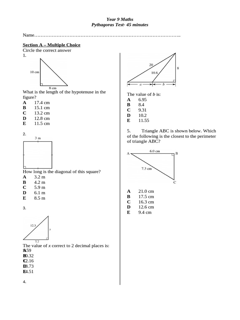 Pythagoras Practice Test | PDF | Elementary Geometry | Triangle Geometry