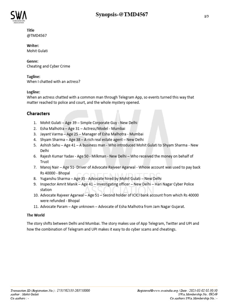 Synopsis - @TMD4567 - SWA Registered | PDF | Copyright | Derivative Work
