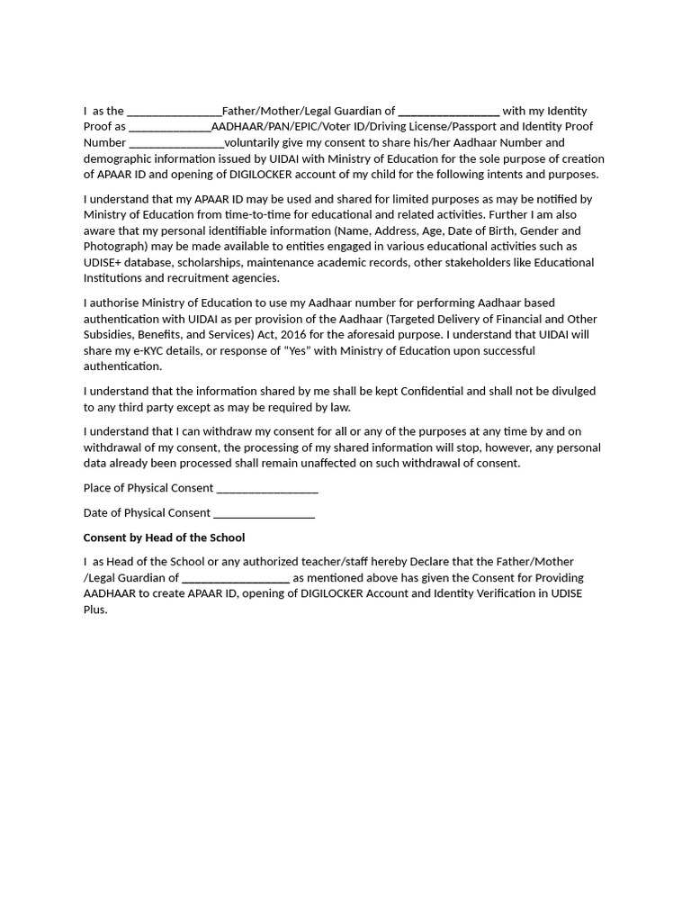 APAAR ID Consent Form Instructions | PDF