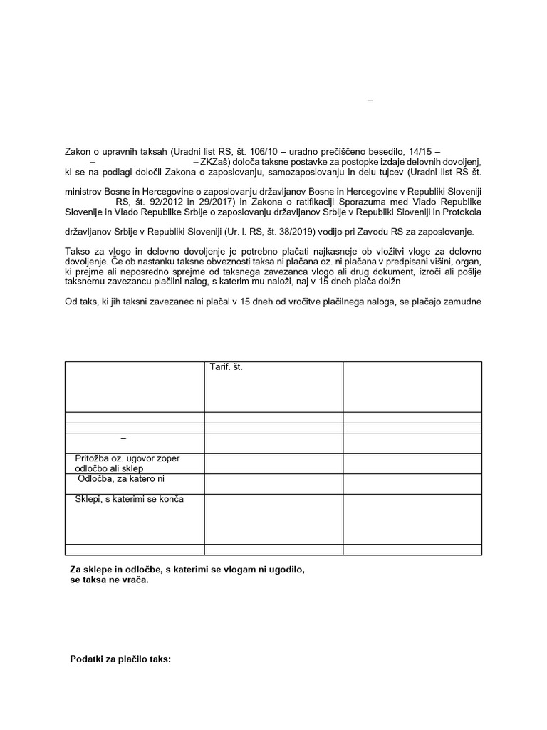 Upravne Takse Delovna Dovoljenja | PDF