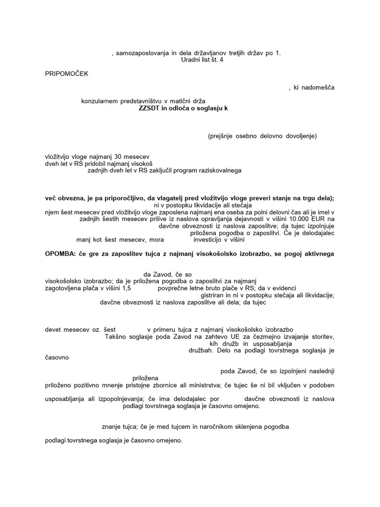 Enotno Dovoljenje Za Prebivanje in Delo (ED) | PDF