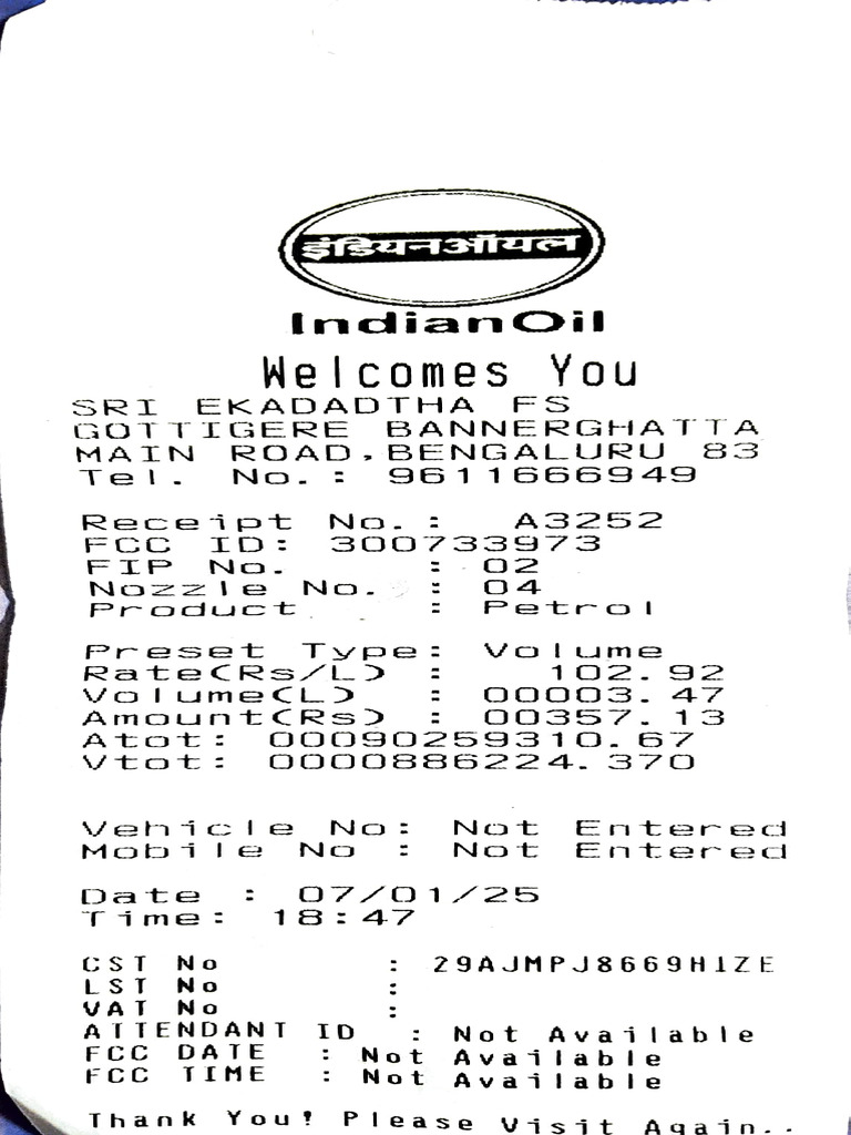 Fuel Receipt for Bengaluru Drivers | PDF